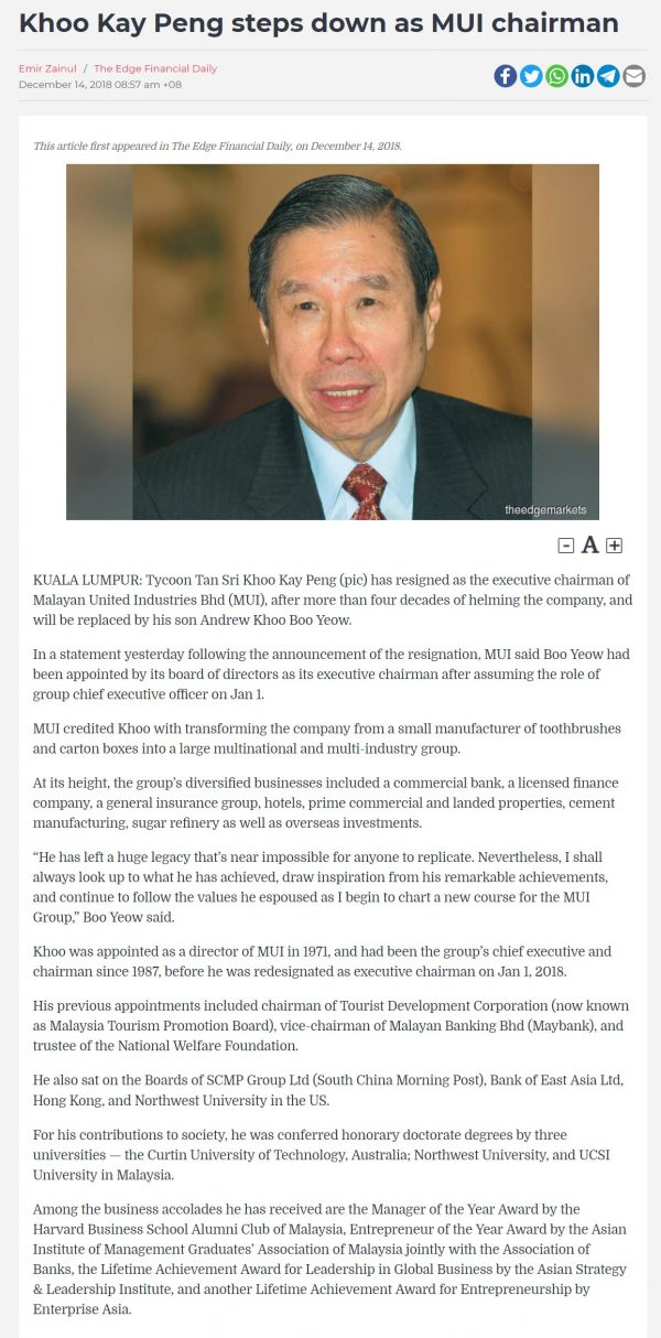 Khoo Kay Peng steps down as MUI chairman - The MUI Group